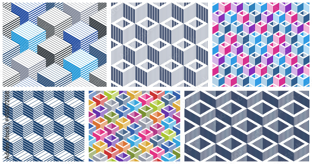 Geometric 3D seamless patterns with lined cubes, stripy boxes blocks ...