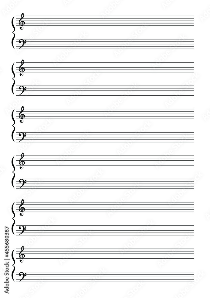 Musical notation with lines, treble clef and bass clef on a white ...