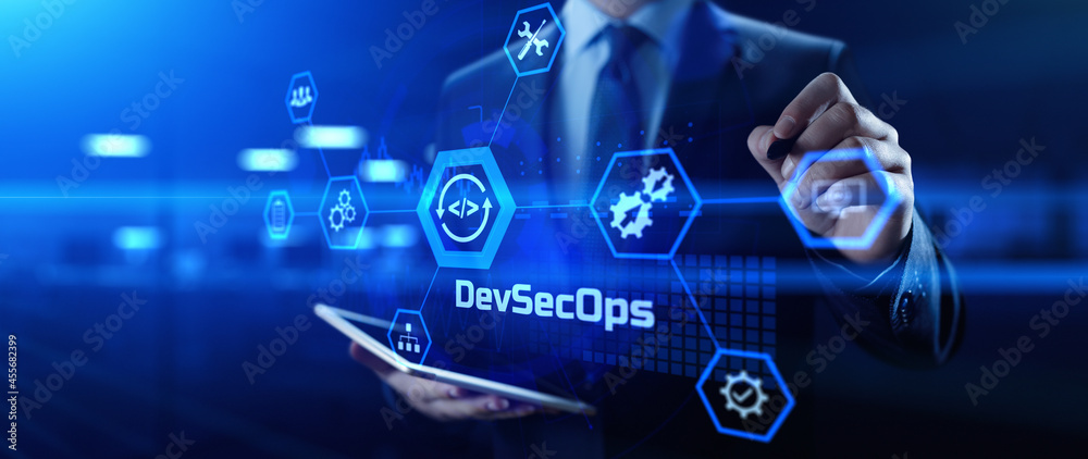 DevSecOps Software development cycle programming concept. Businessman pressing button. Stock ...