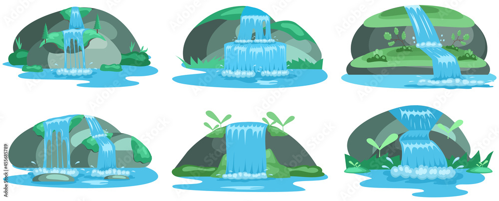 Falling water. River waterfall falls from cliff white background. Water ...