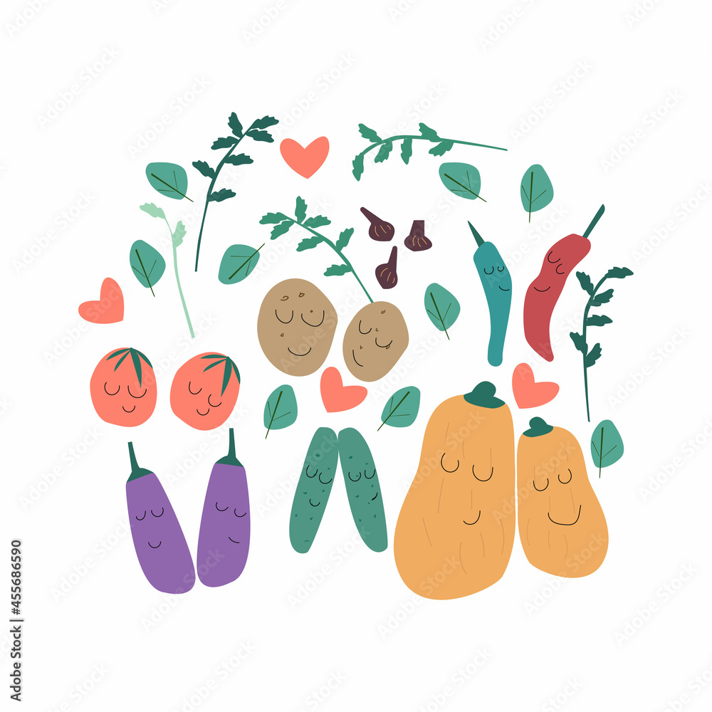 Cartoon vegetable cute characters face isolated on white background ...