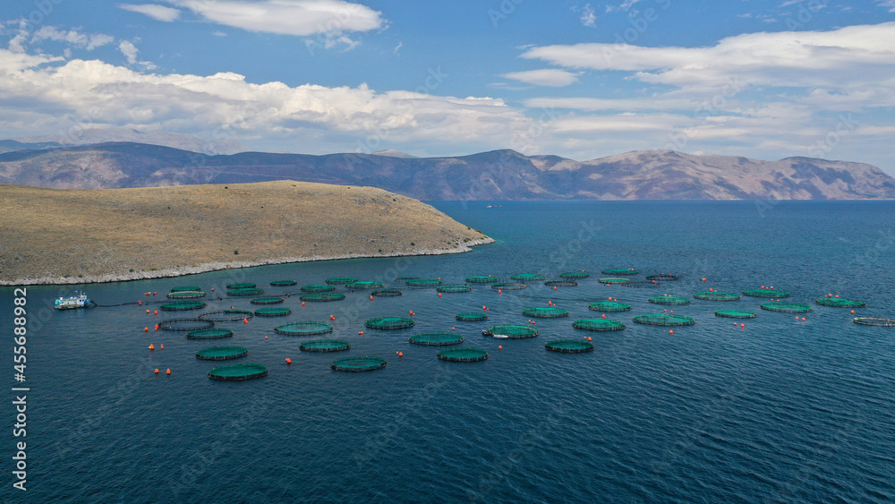 Aerial drone photo of large fish farming - breeding unit of sea bass ...