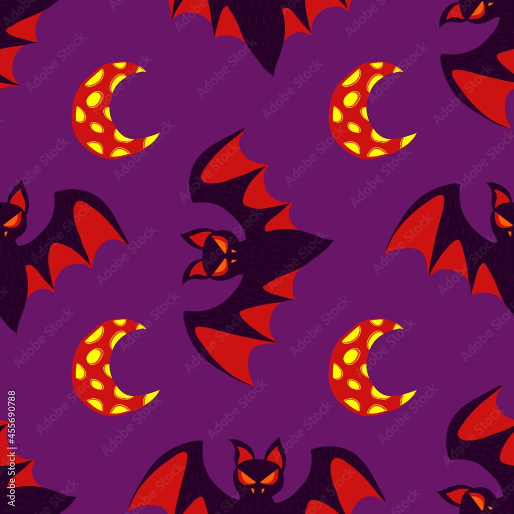Cute vampire bat and motley moon vector halloween seamless pattern on a violet background Stock ...
