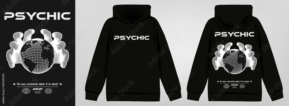 Abstract poster psychic, hands reach out to the planet earth. Stylish ...