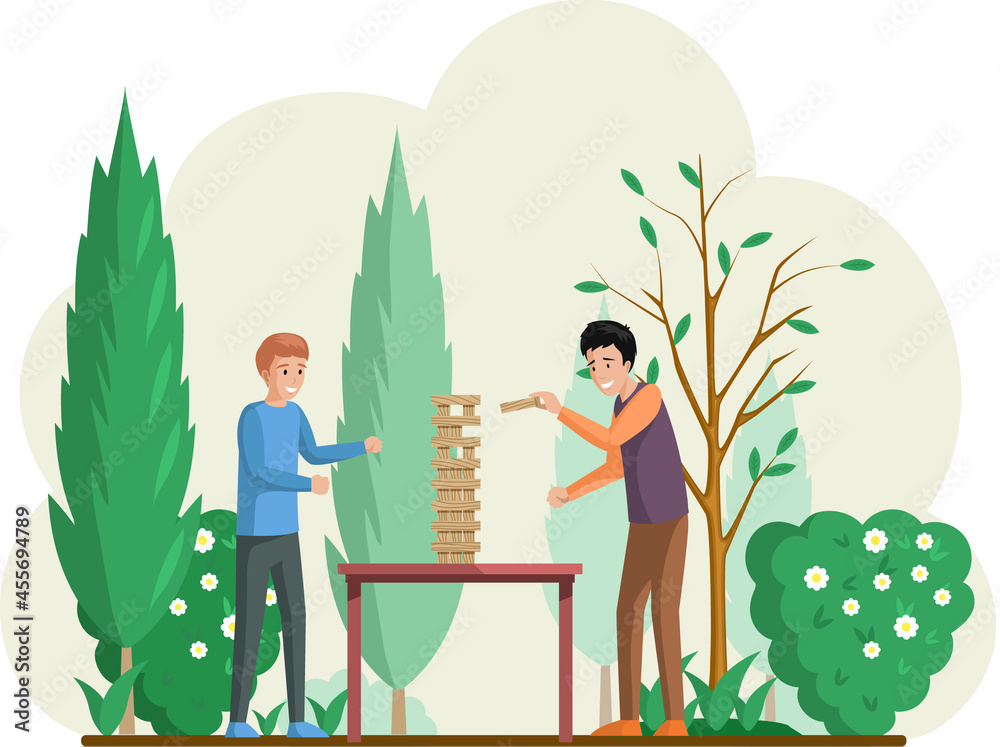 Children playing board game jenga standing in garden or backyard. Cute ...