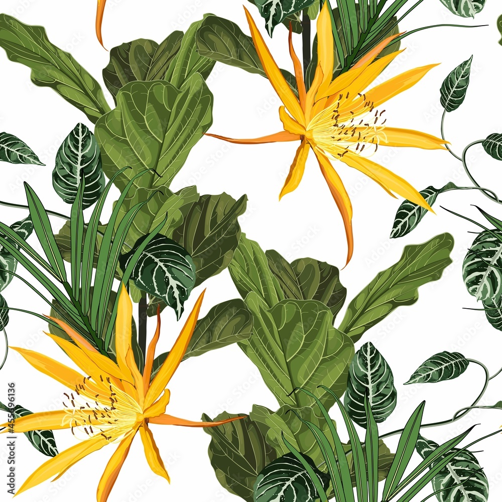 Bright seamless pattern with tropical yellow flowers and leaves ...