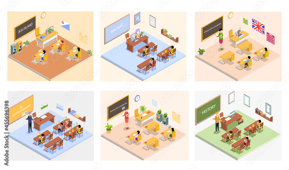 School education isometric with teacher and pupil at lesson. Learning ...