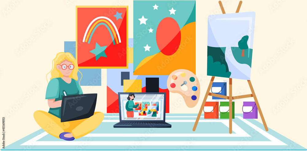 Online painting workshop concept. Artist creativity process with paint ...