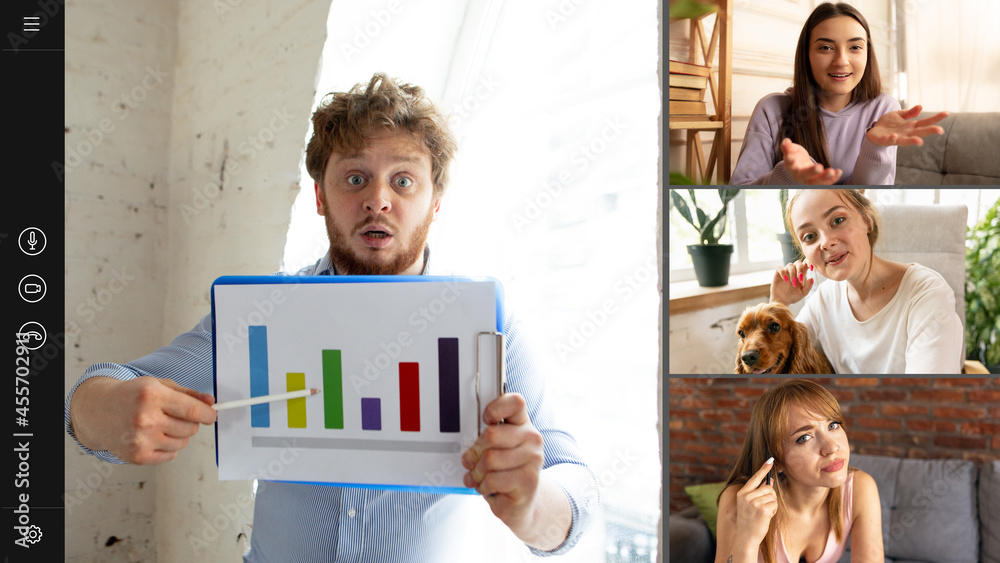 Online report. Team working by group video call share ideas ...