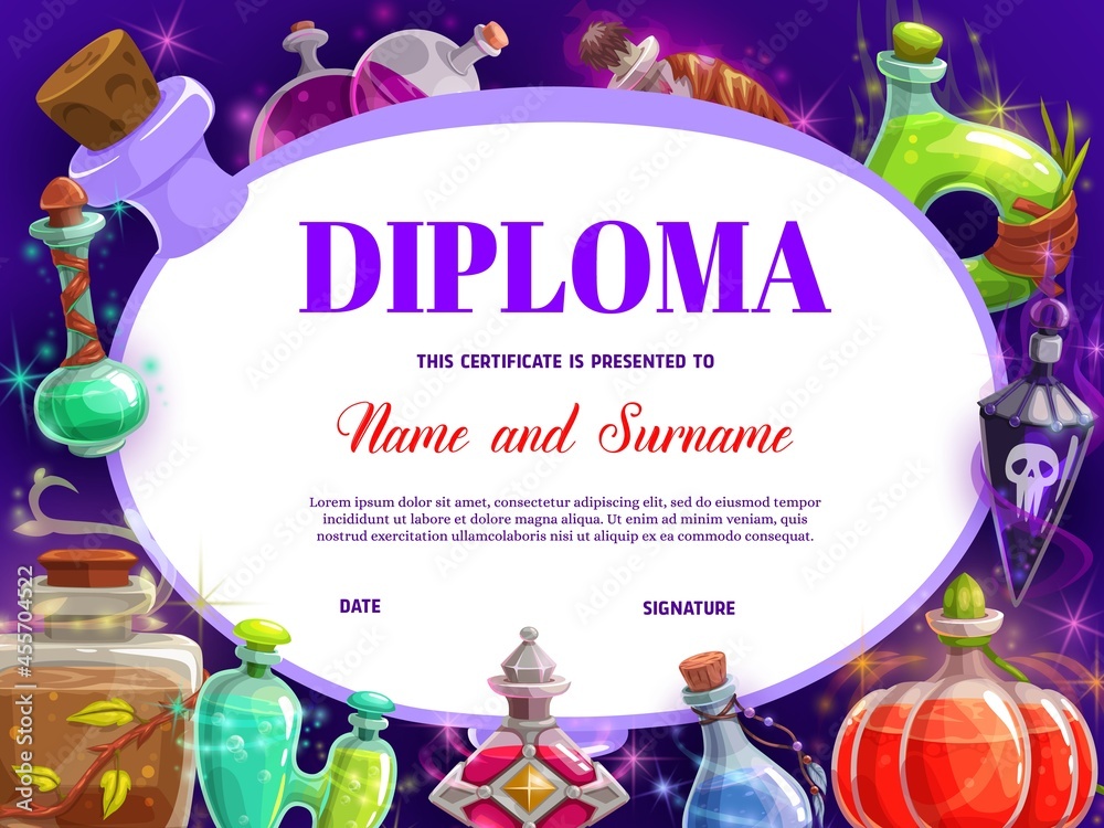 Child diploma with witch magic potions bottles. Sorcerer or wizard ...
