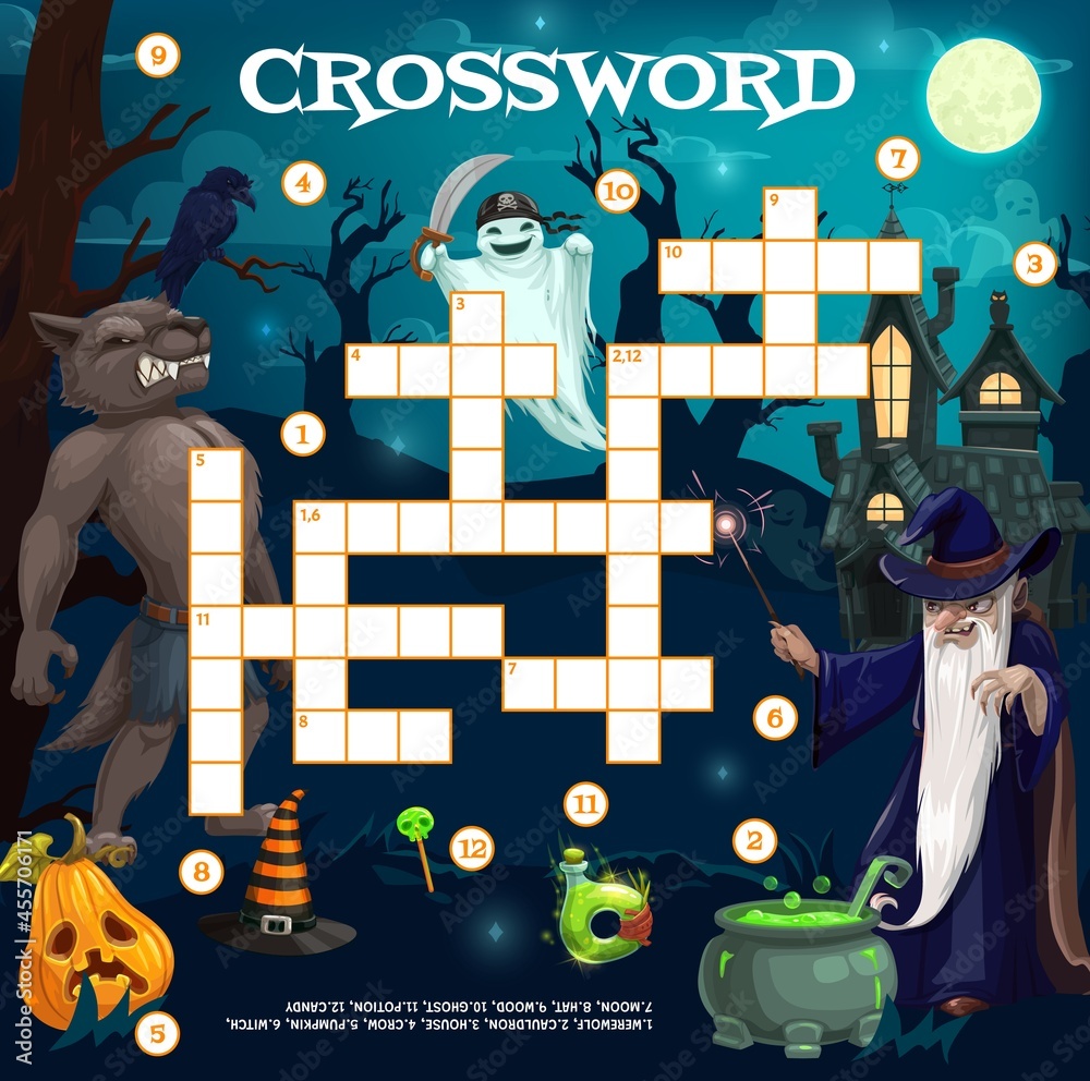 Cartoon Halloween characters crossword grid or find word vector quiz ...