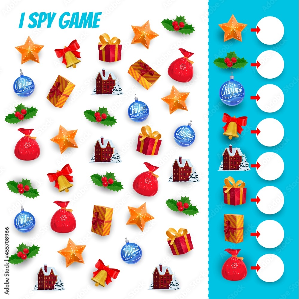 I spy game children education vector template of Christmas gifts ...