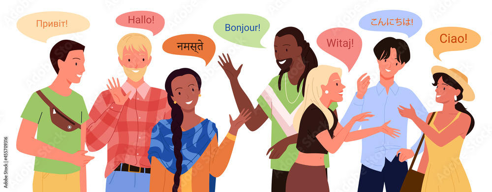 Multilingual people greeting vector illustration. Cartoon young man ...