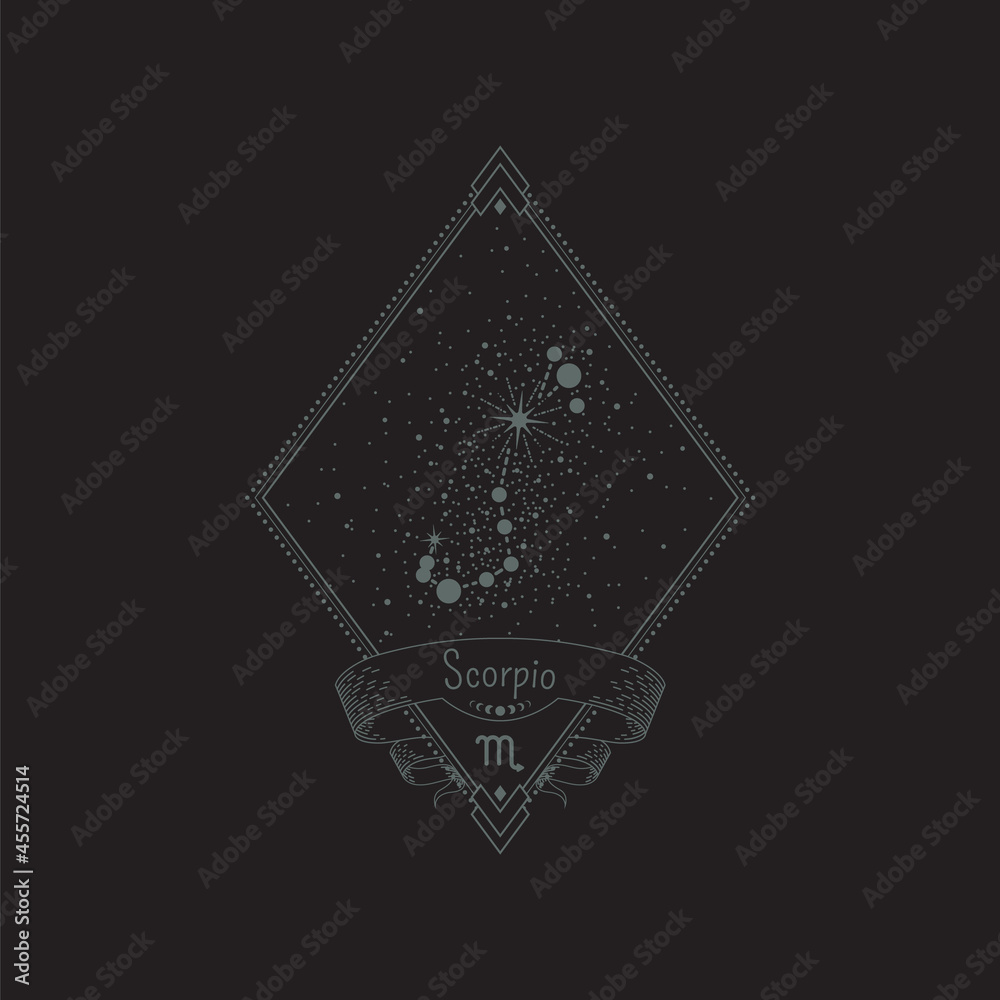 Sketch tattoo scorpio constellation with title in a retro frame. Vector ...