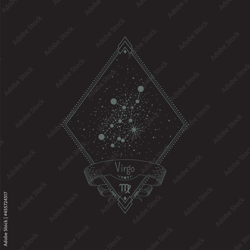 Sketch tattoo virgo constellation with title in a retro frame. Vector ...