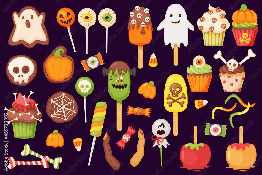 Cartoon halloween candies and sweets, lollipops and cupcakes. Caramel ...