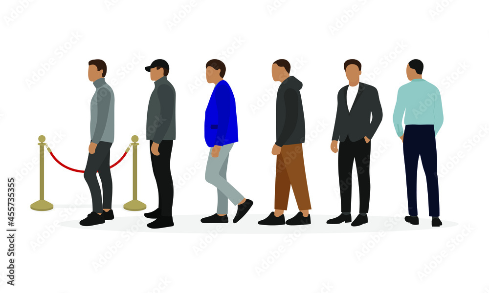 Six male characters stand in front of fence posts with red cord on ...