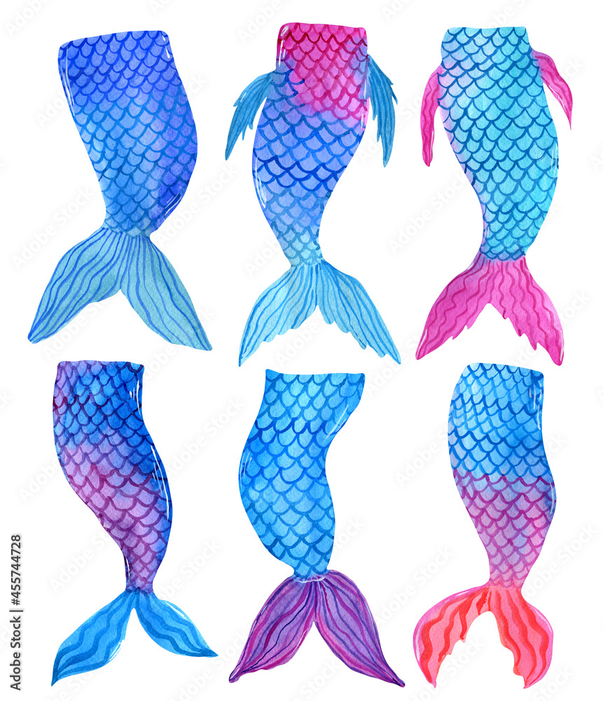 Watercolor blue and purple mermaid tails set izolated on white ...