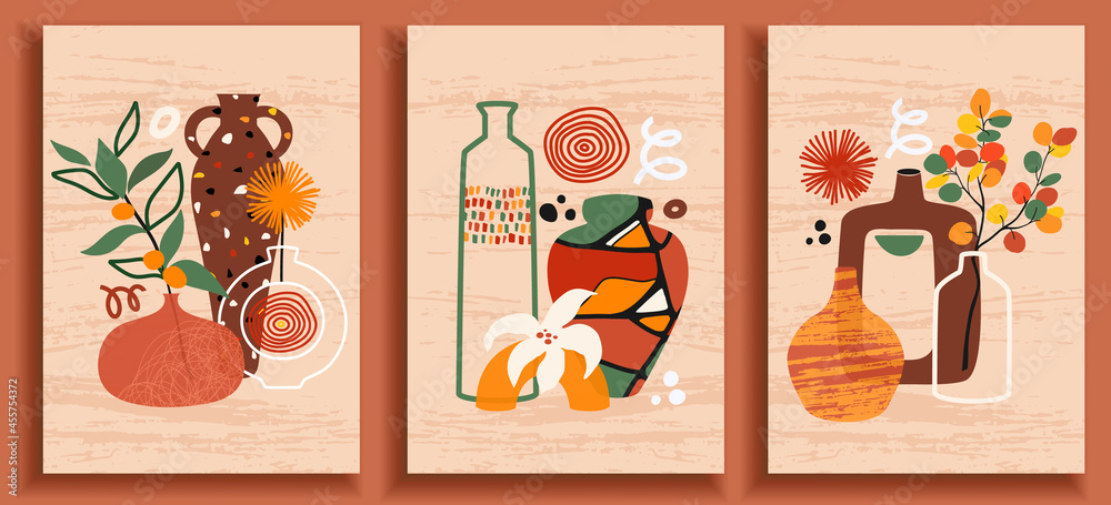 Trendy pottery and ceramic vases with abstract leaves and flowers ...