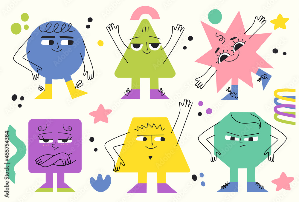 Colorful geometric basic shapes with different emotions. Funny ...