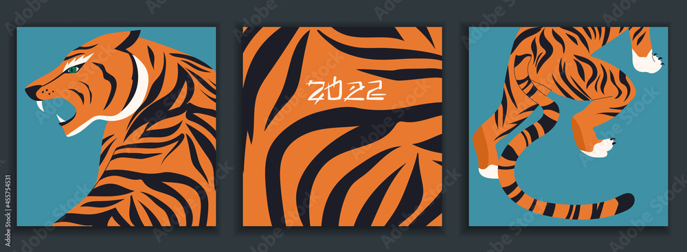 Set of colourful tigers in abstract style. Modern greeting card, poster ...