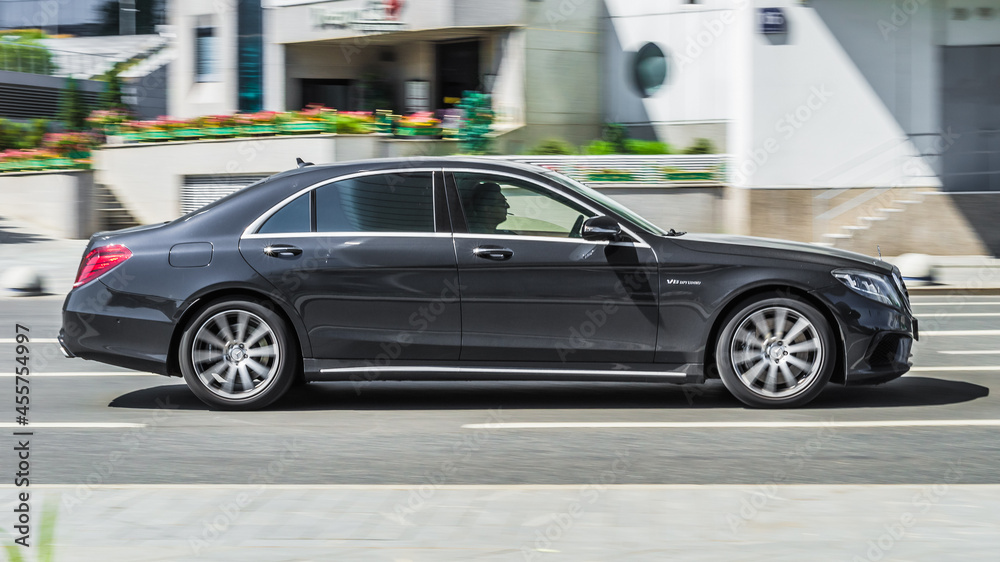 Black Mercedes-Benz S-class, side view. Photography of a modern premium ...