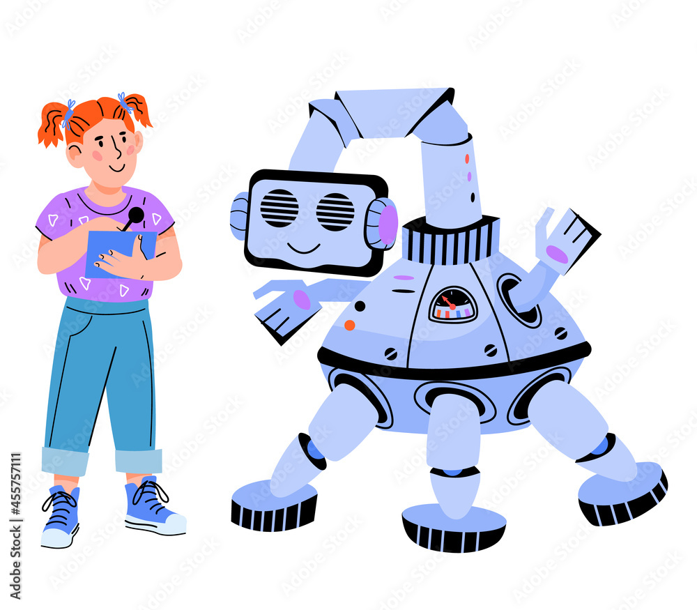 Child robotics lesson concept with child girl controlling robot, flat ...