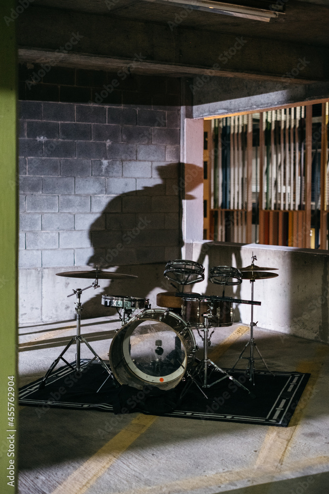 Drum kit set up in a parking garage Stock Photo | Adobe Stock