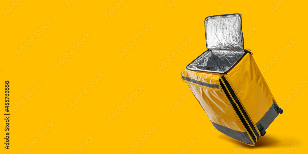 Flying open delivery bag, insulated yellow food delivery backpack Stock ...