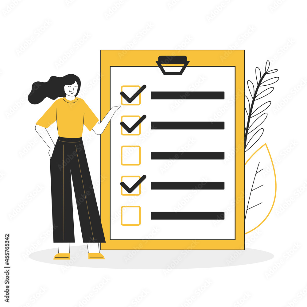 Cartoon girl notes completed tasks in document. Business woman marking ...