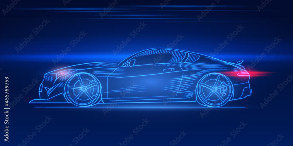 Futuristic sport car. Neon concept. Glowing electric virtual control ...