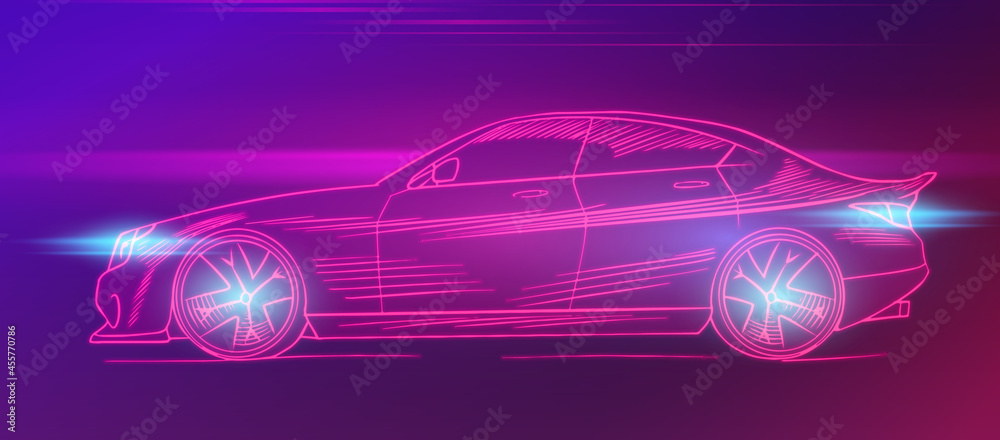 Futuristic sport car. Neon concept. Glowing electric virtual control ...