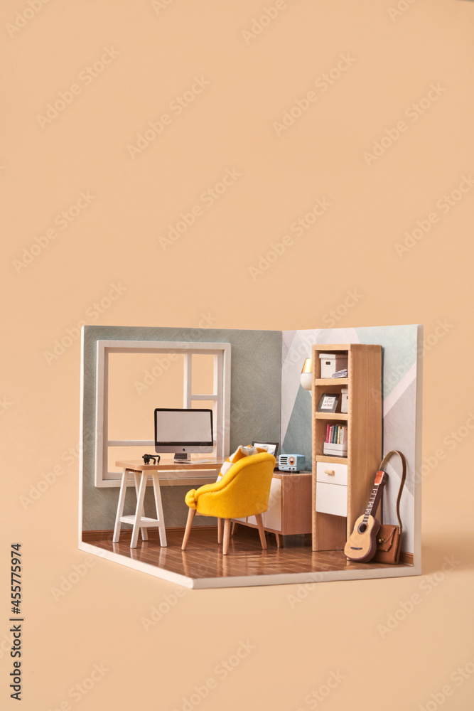 Papercraft room with chair, table and computer Stock Photo | Adobe Stock