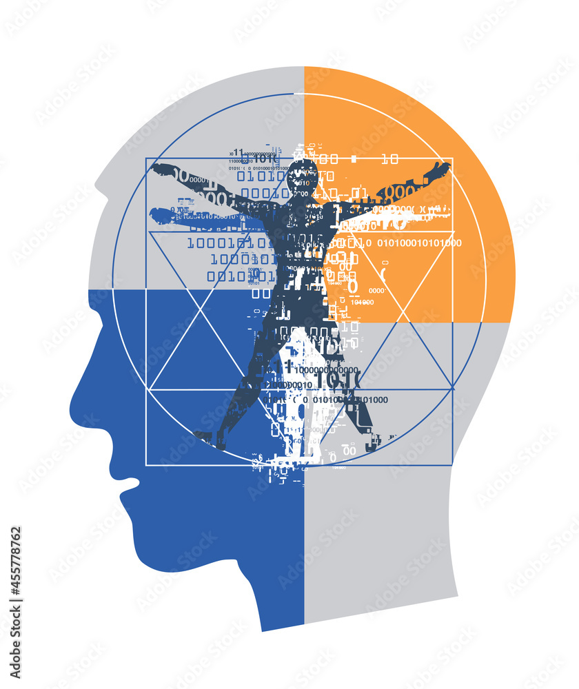 scientist, Male head with Vitruvian man, concept for technology and ...