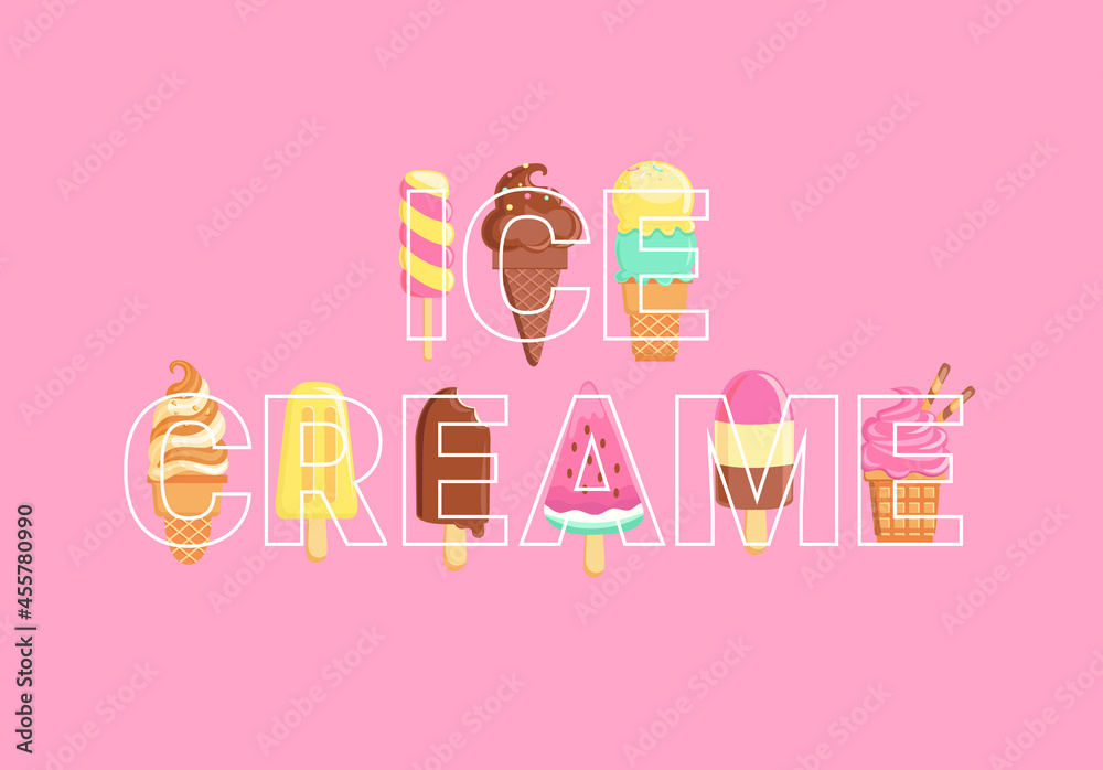 Word ice creams in line style full of sundaes on background.Sweet ...