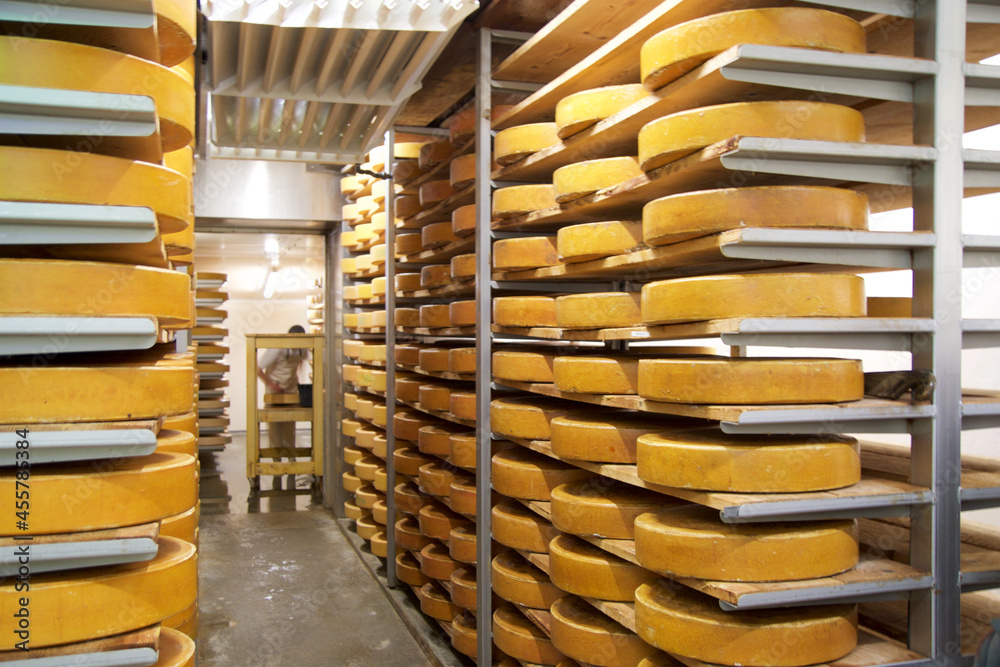 OBERSTAUFEN, GERMANY - 29 DEZ 2019: Cheese dairy warehouse with shelves ...