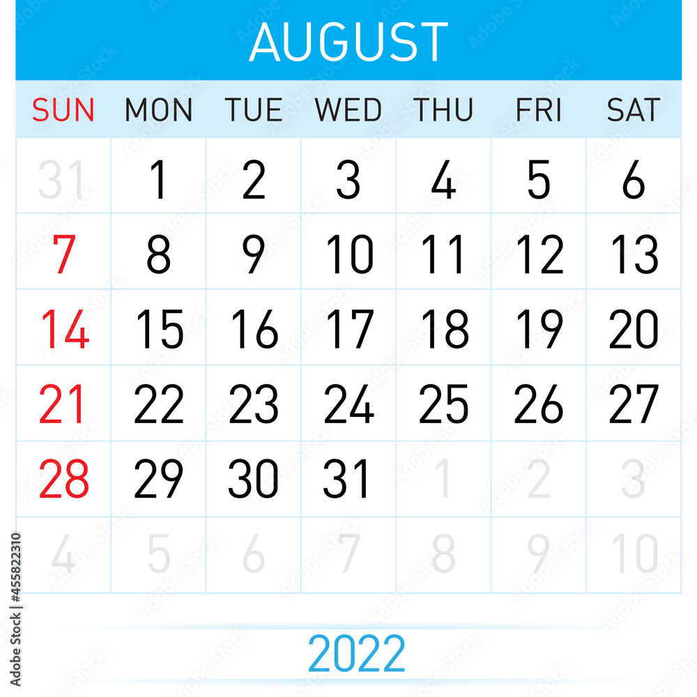 August Planner Calendar 2022. Illustration of Calendar in Simple and ...