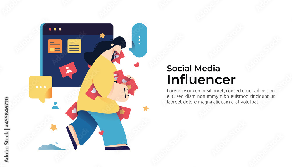 woman character grabbing like, heart, and share notifications. concept ...