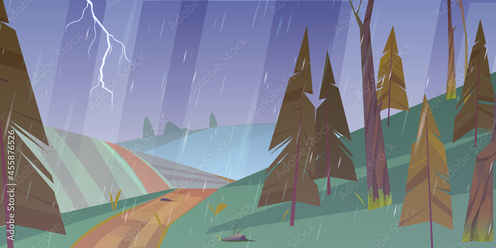 Thunderstorm landscape with rain and lightning.Vector cartoon ...