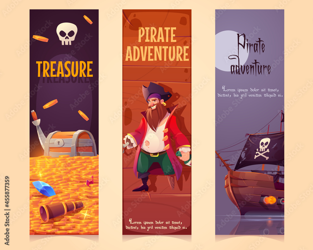 Pirate adventure vertical banners set, treasure chest with gold ...
