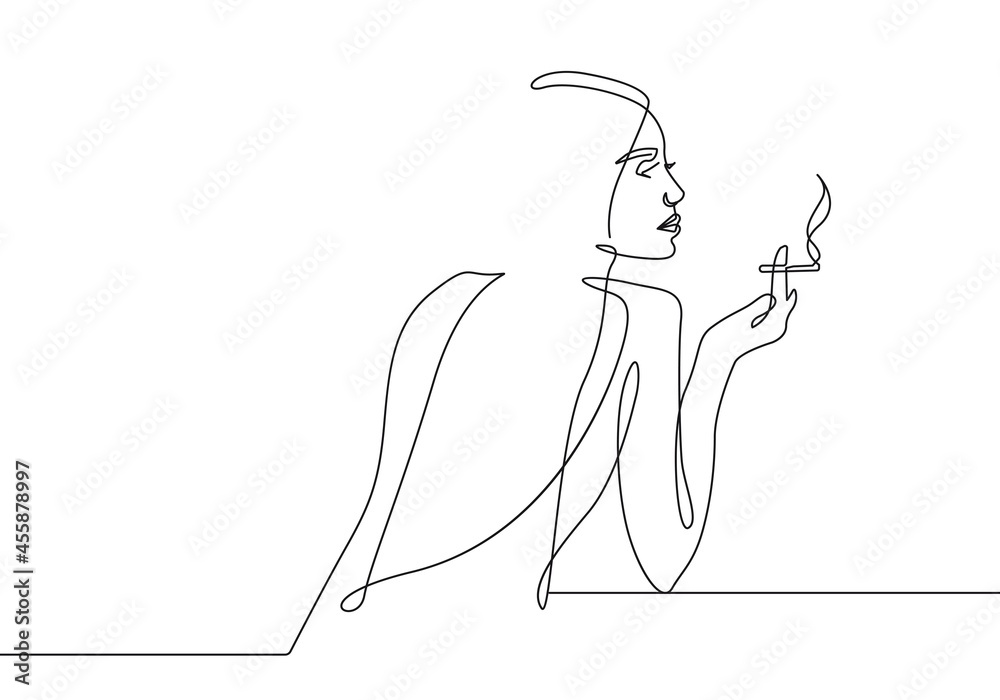 Woman Smoking Line Art Drawing. Girl Smoking Abstract Linear Silhouette ...