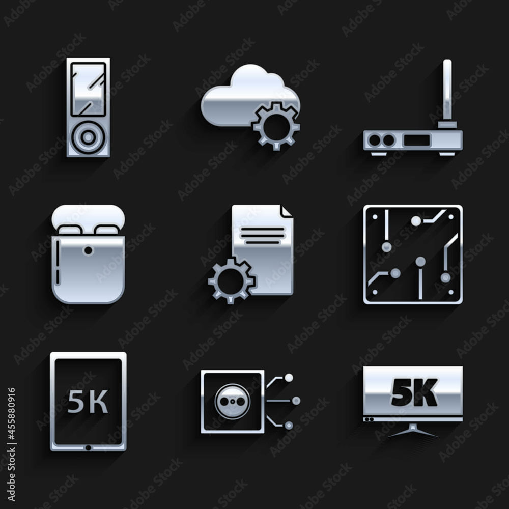 Set File document, Remote control, Monitor display with 5k video, Processor, Tablet text, Air ...