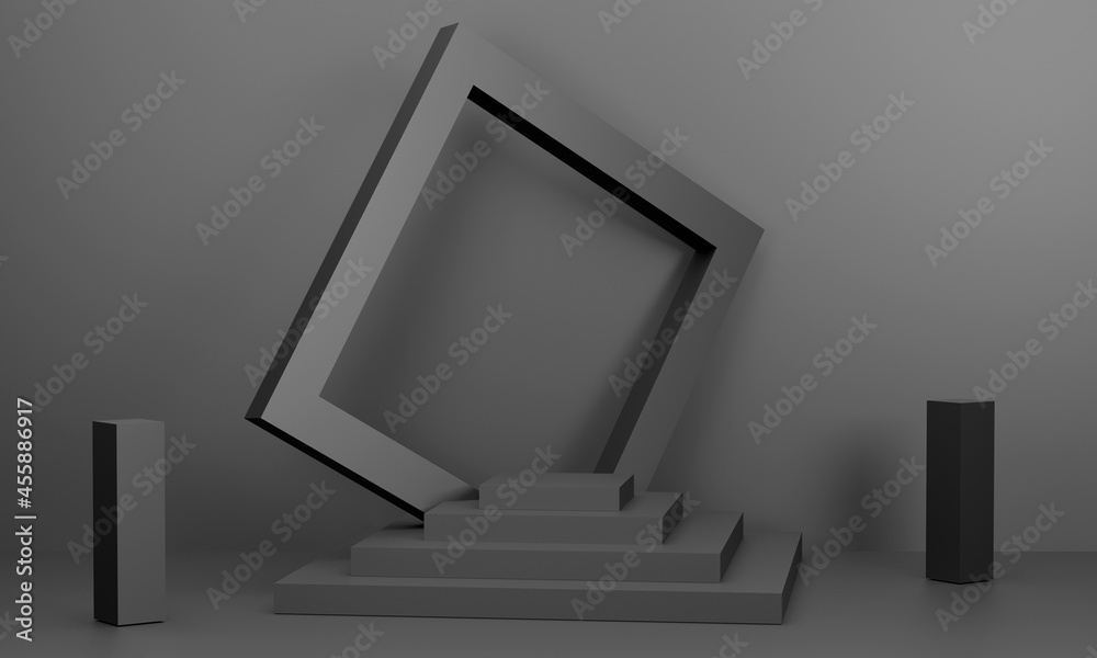 Square podium arranged in layers black picture frame It is noticeable ...