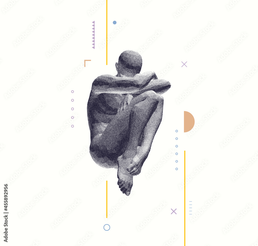 Full length view of sad stressed man sitting with hands on knees. Time for reflection. Man ...