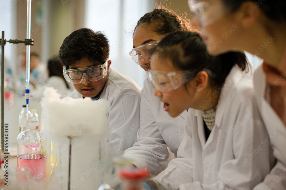 Female teacher and students watching scientific experiment chemical ...