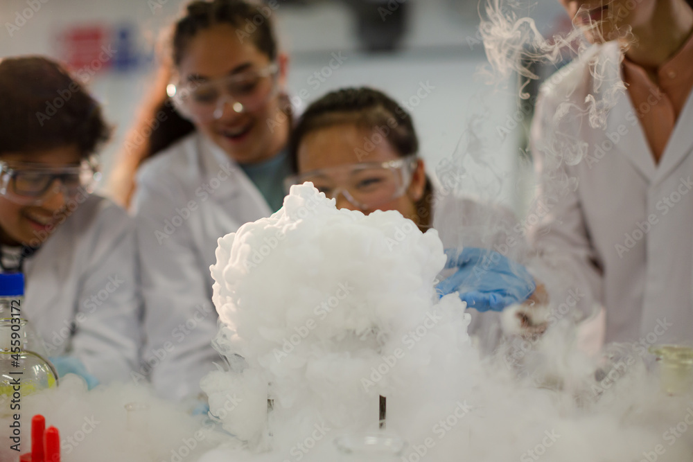 Female teacher and students watching scientific experiment chemical ...
