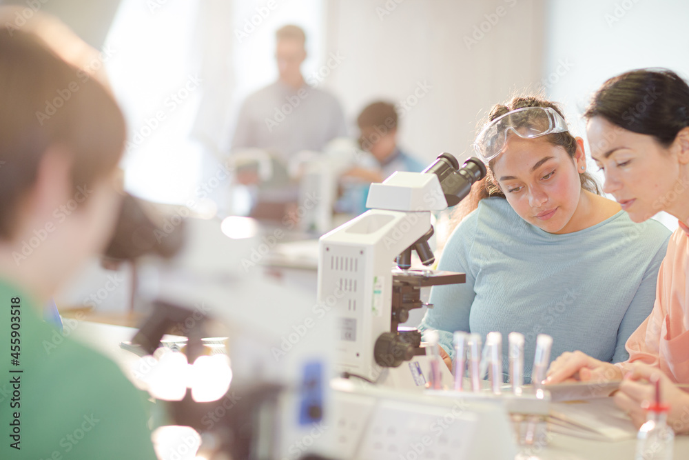 Female teacher and girl student conducting scientific experiment at ...