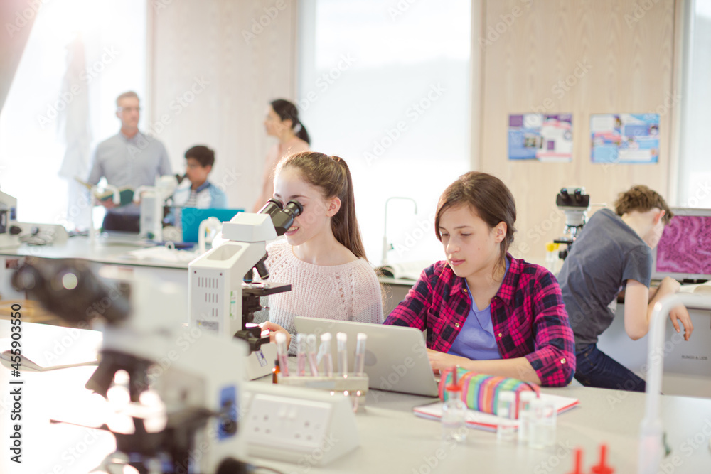 Girl students using microscope, conducting scientific experiment in ...