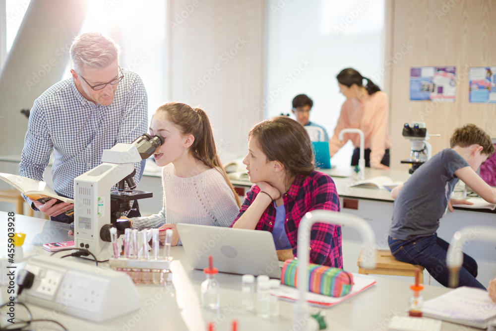 Male teacher helping girl students using microscope, conducting ...