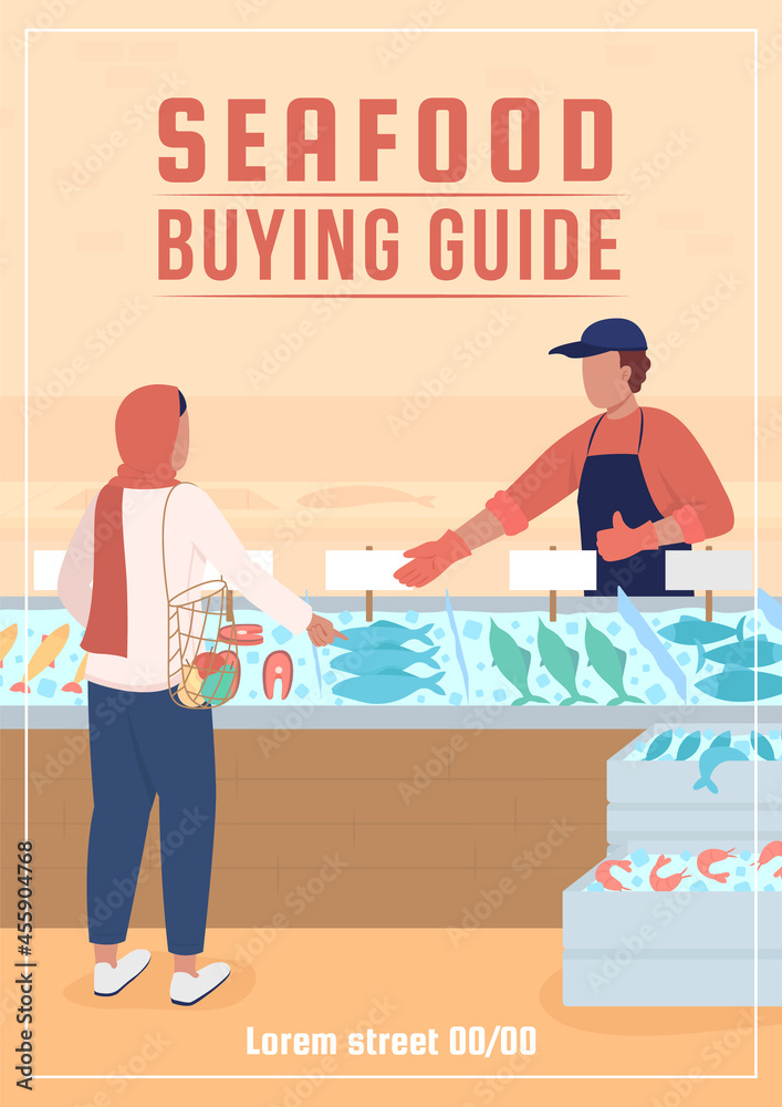 Seafood market buying guide poster flat vector template. Brochure ...